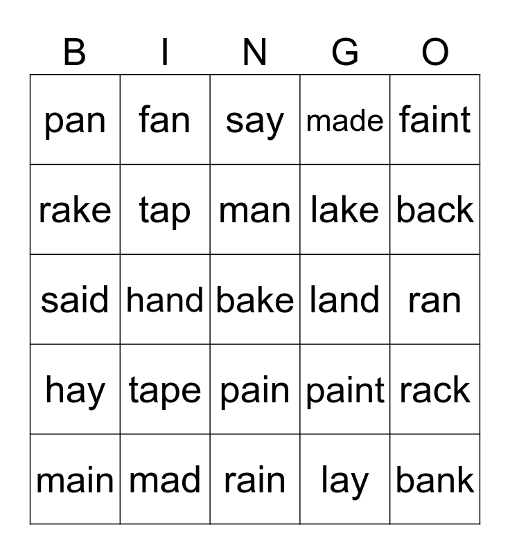 Short A and Long A Bingo Card