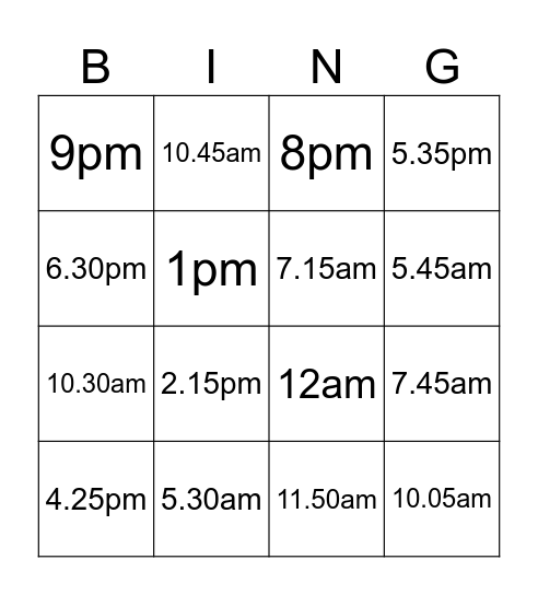 Telling the time Bingo Card