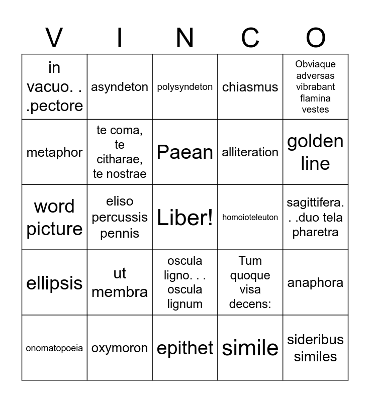 Latin 4 Ovid Literary Devices Bingo Card