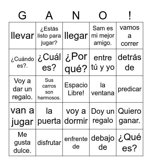 Spanish 1 Bingo Card