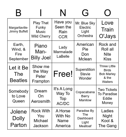 70s Music Bingo Card