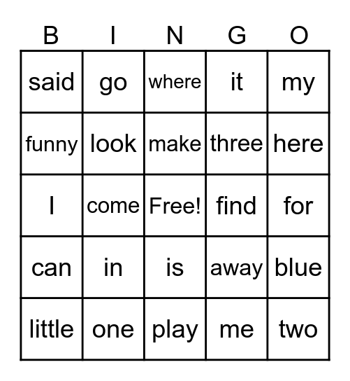 High Frequency Words 1 Bingo Card