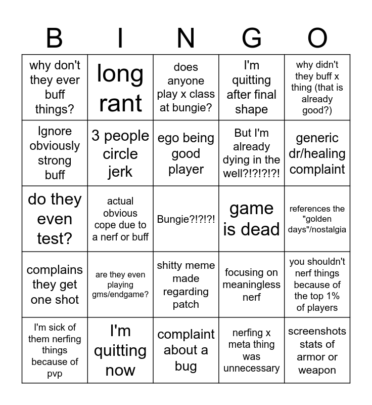 Destiny Twab Complainer Bingo Card