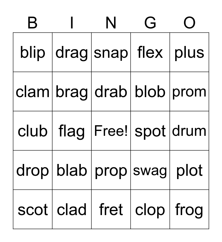 Consonant Blends bingo Card