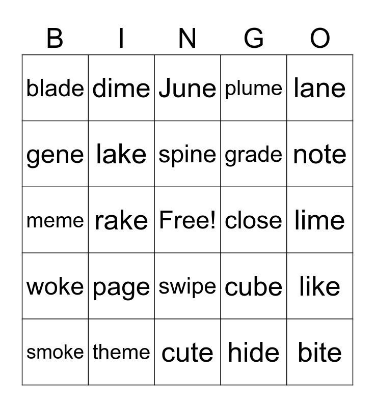 Silent e word Bingo Card