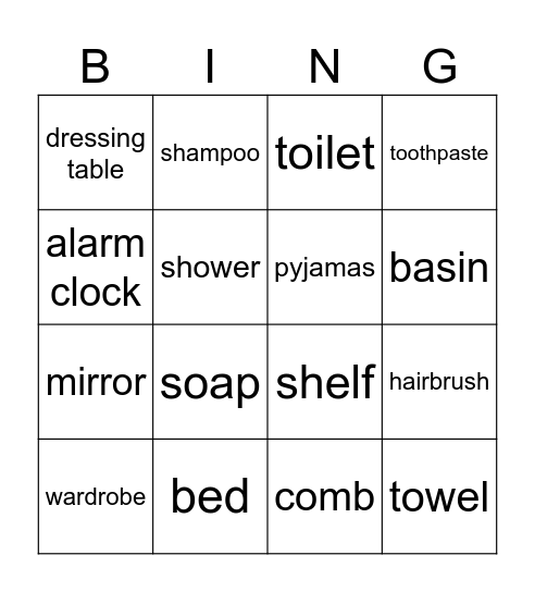 BATHROOM AND BATHROOM VOCABULARY BINGO Card