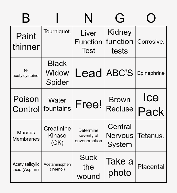 Poisonous Substances Bingo Card
