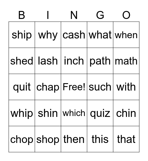 Digraphs Bingo Card