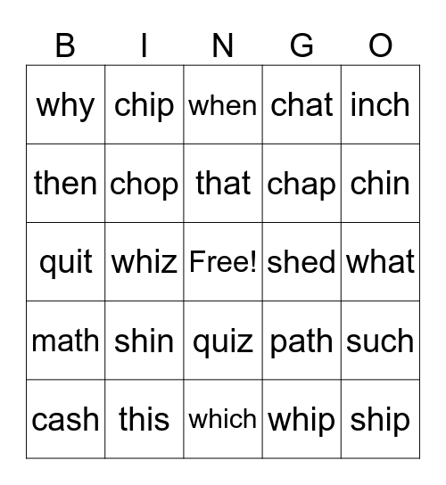 Digraphs Bingo Card