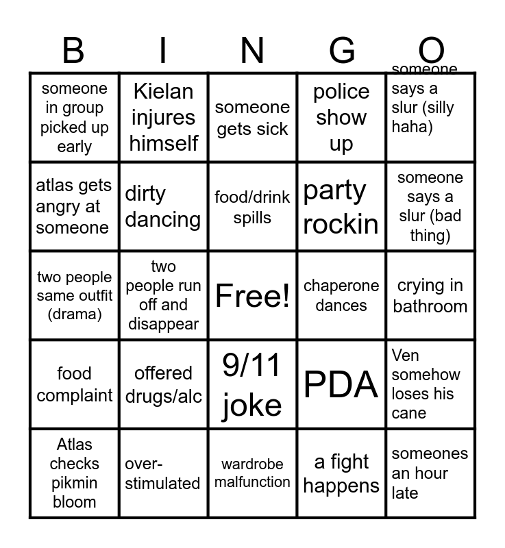Prom Bingo Card