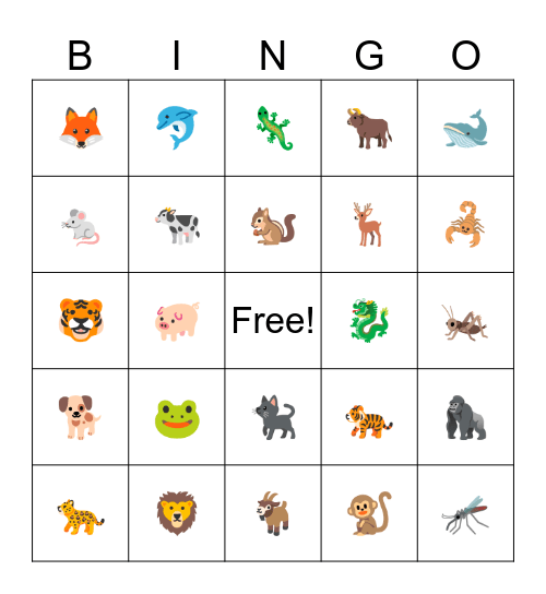 All Animal Sounds Bingo Card