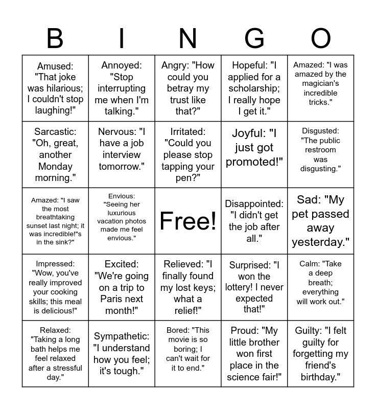 Say It With Feeling! Bingo Card