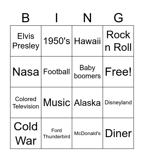 1950's Bingo Card