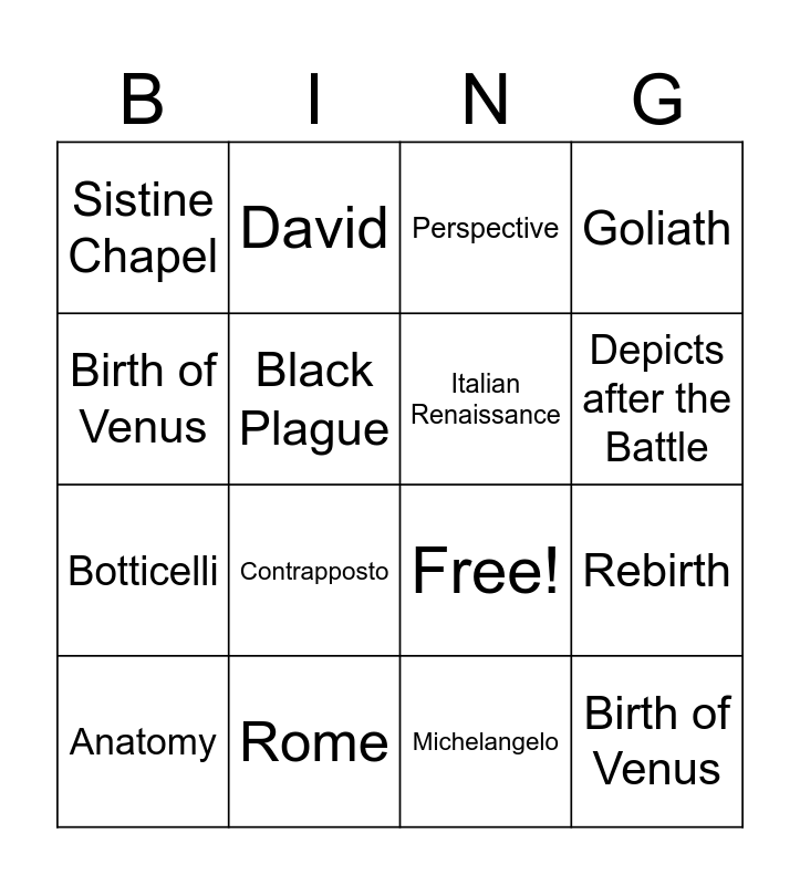 Renaissance Bingo Card