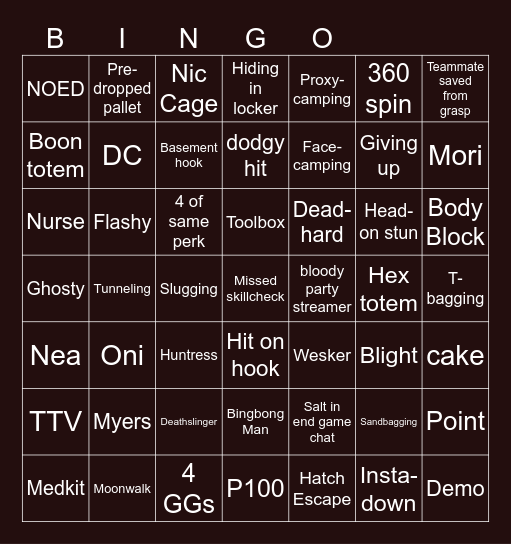 Dead by Daylight Bingo Card