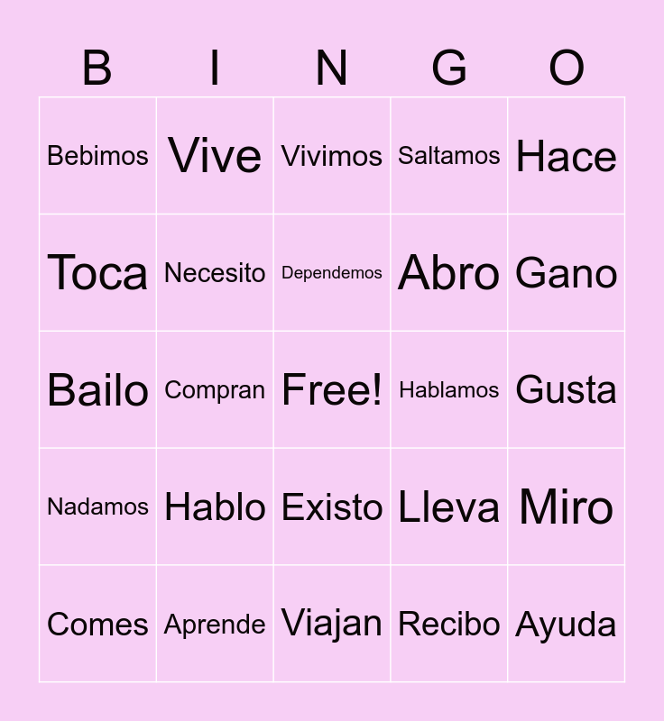 Present Tense Bingo Card