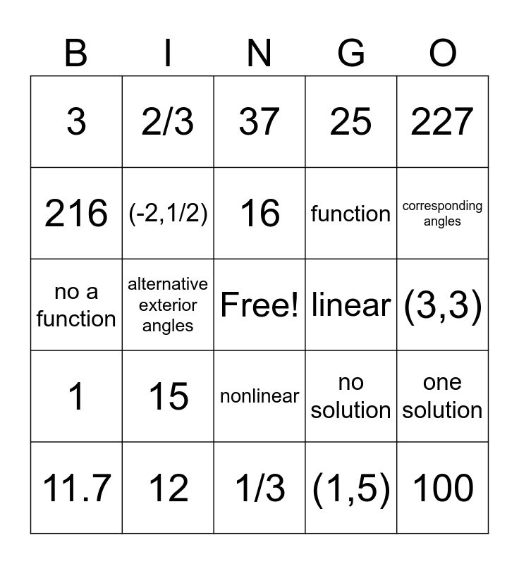 Math 7 Bingo Card