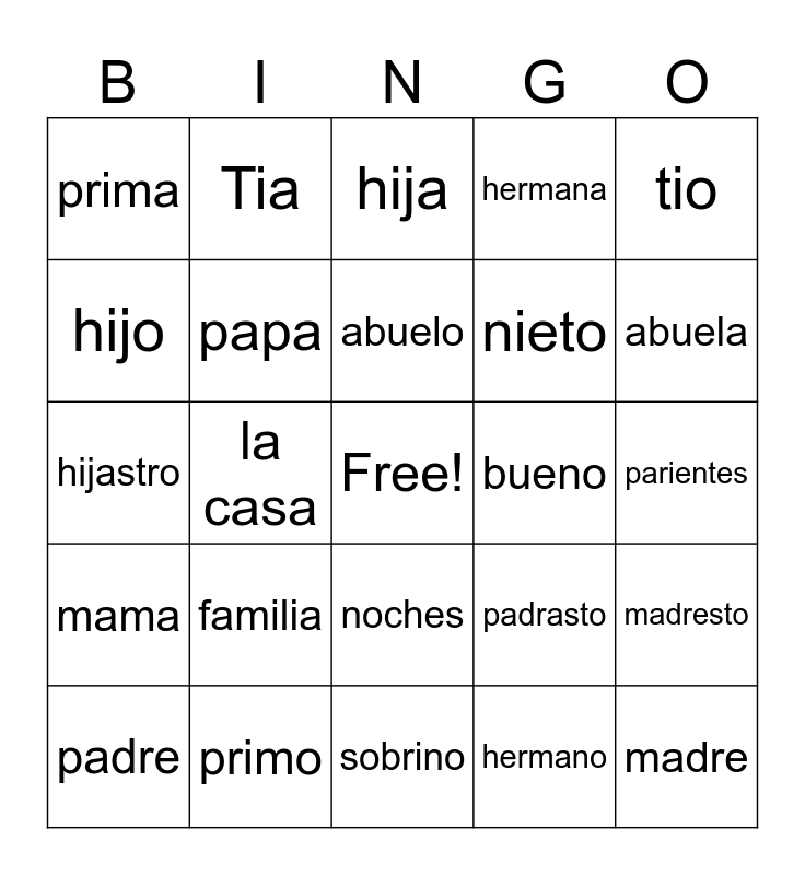 La familia Bingo Card