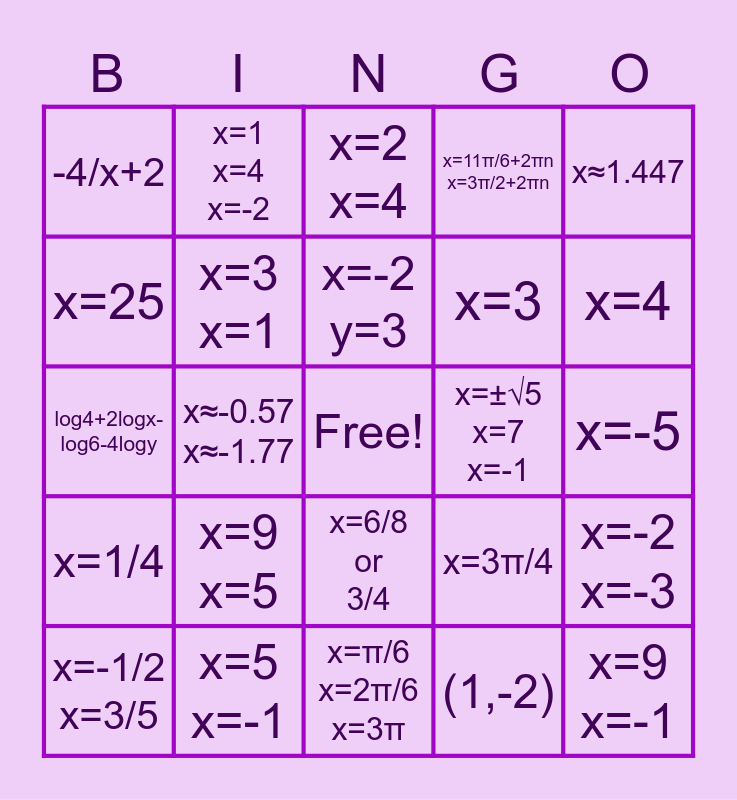 Solving Equations! Bingo Card