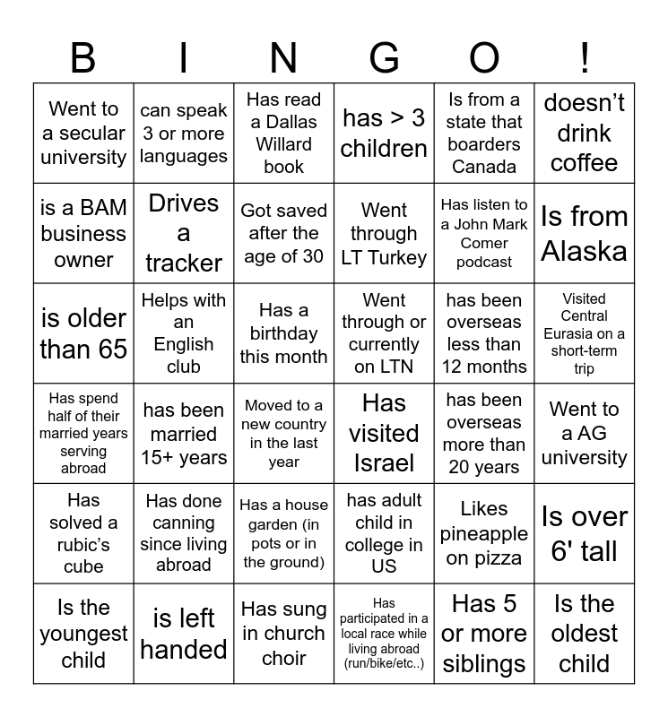 Mix and Mingle Bingo Card