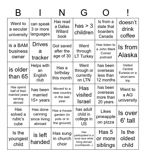 Mix and Mingle Bingo Card