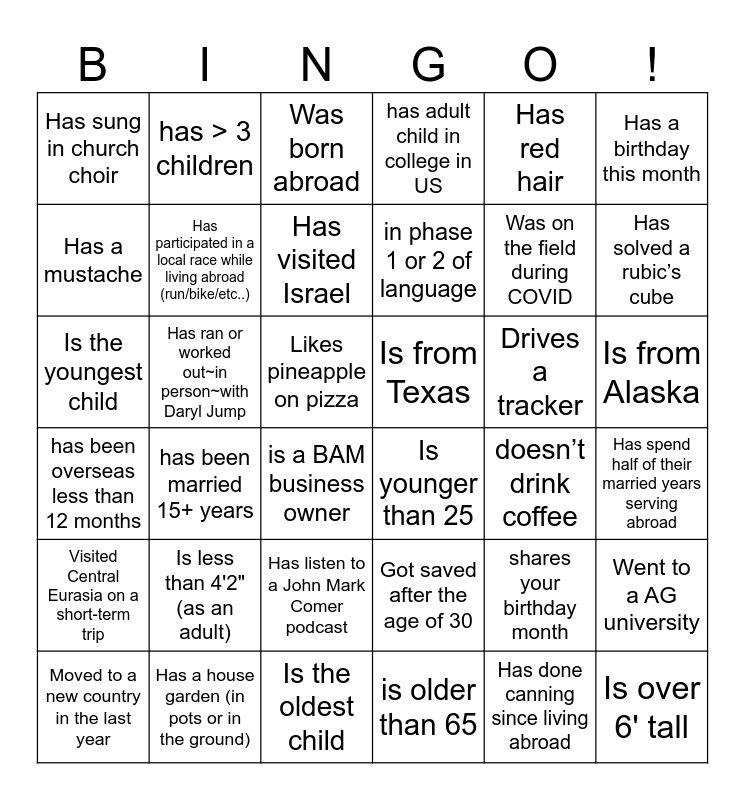 Mix and Mingle Bingo Card