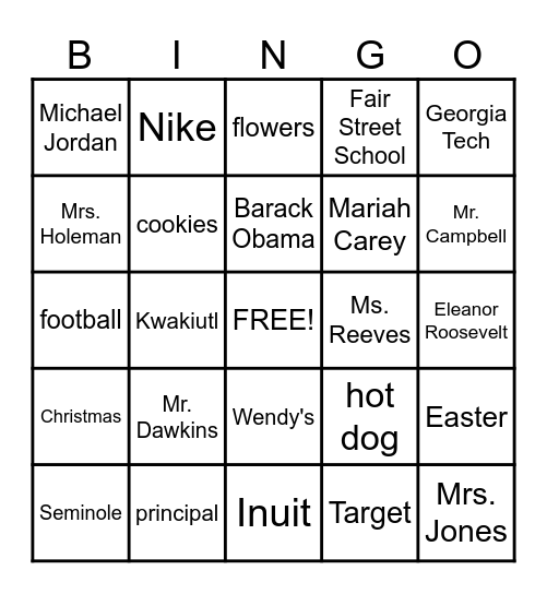 Capitalization Bingo Card