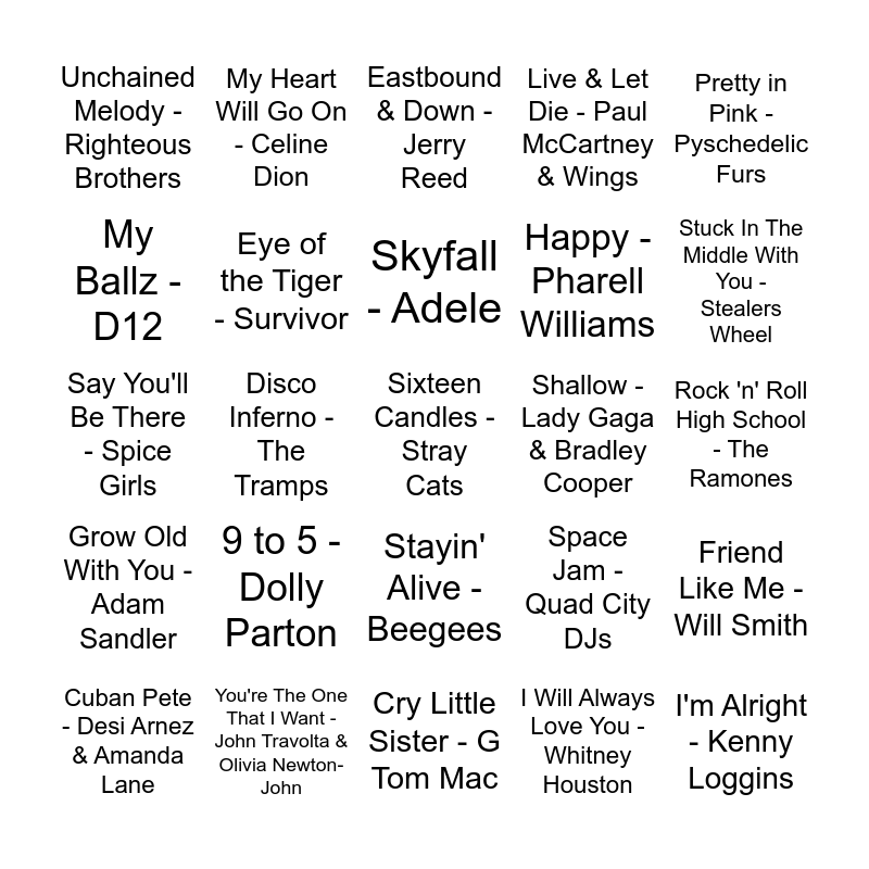 Soundtrack Songs Bingo Card