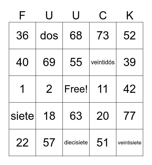 Spanish numbers 1-30 and 1-100 normal england numbers Bingo Card