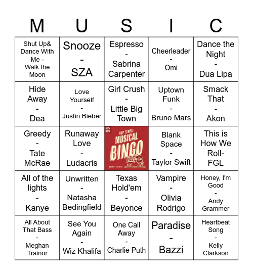 Pop Music Bingo Card