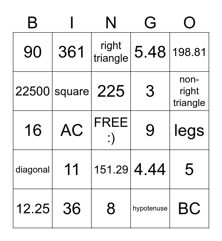 Pythagorean Theorem Bingo Card