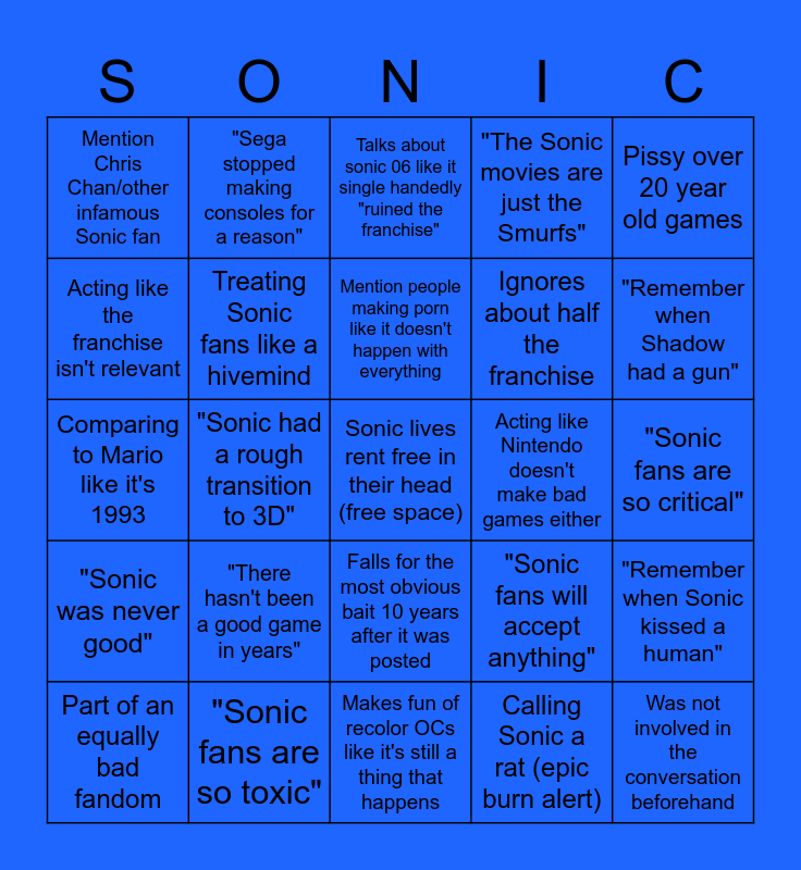 Sonic Hate Bingo Card