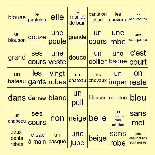 Les Vêtements Bingo Card
