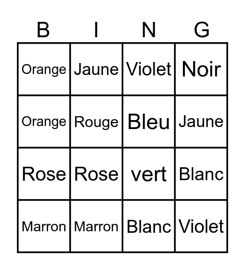 Les couleurs Bingo Card