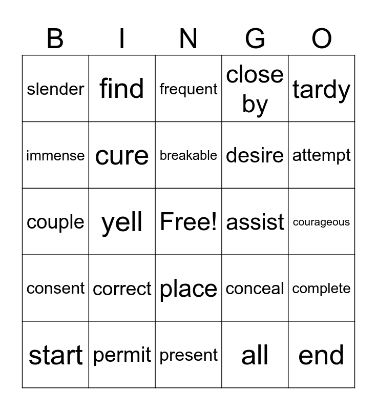 Synonym Bingo Card