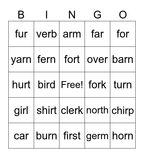 r-controlled vowels Bingo Card