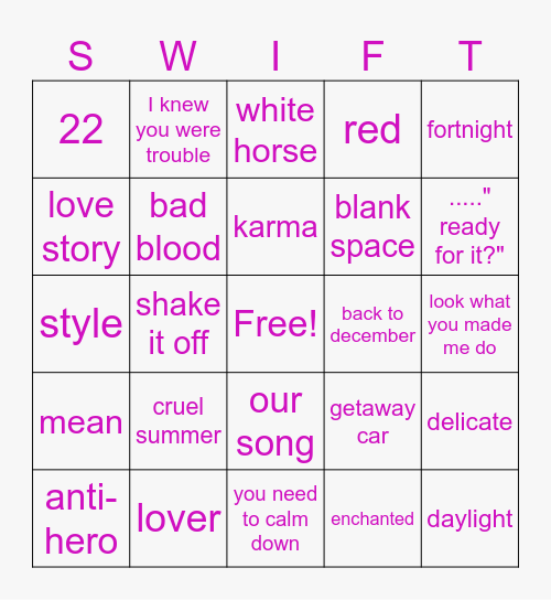 Taylor Swift Song Bingo Card
