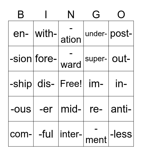 Suffixes & Prefixes Bingo Card