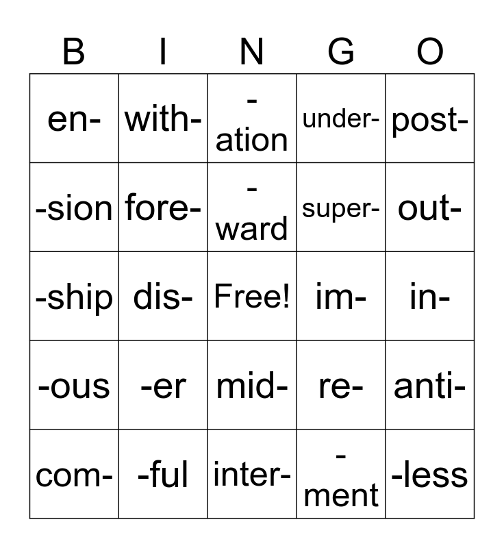 Suffixes & Prefixes Bingo Card
