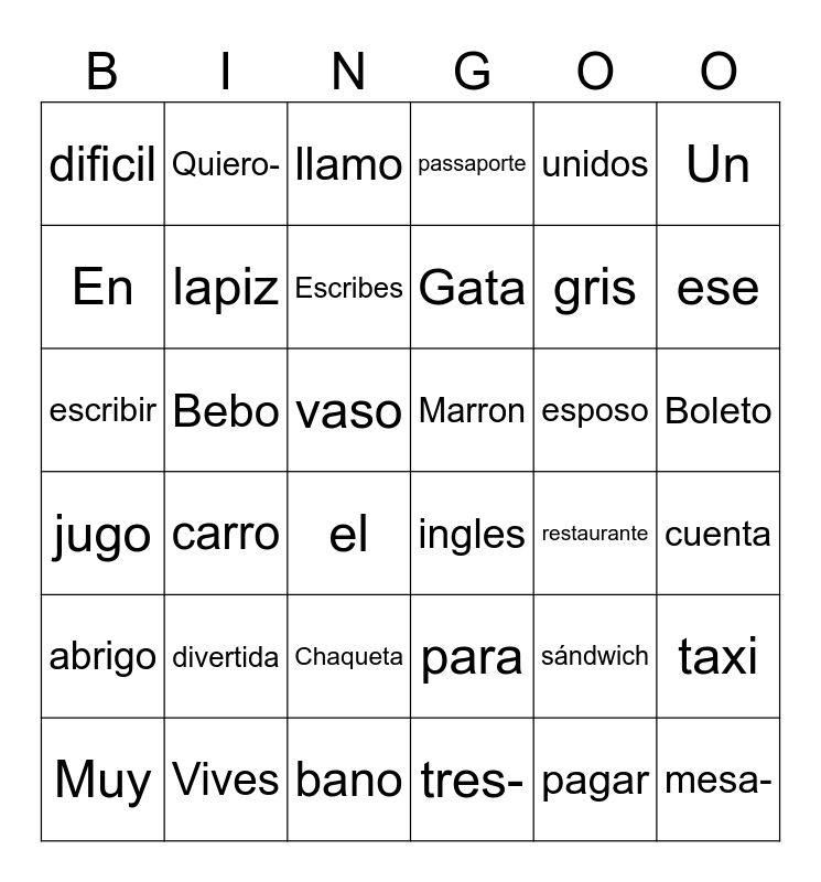 Duolingo 0-30 Bingo Card