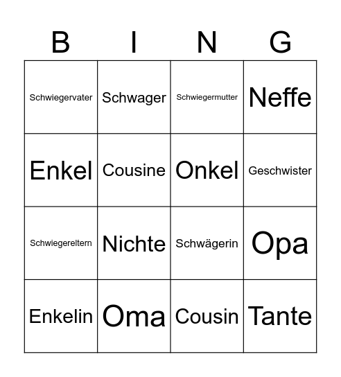 Familie Bingo Card