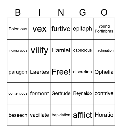 Hamlet Acts 2 and 3 Vocabulary Bingo Card