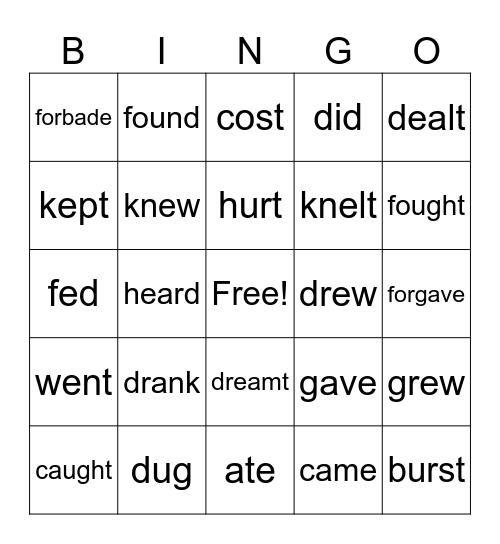 IRREGULAR VERBS BINGO Card