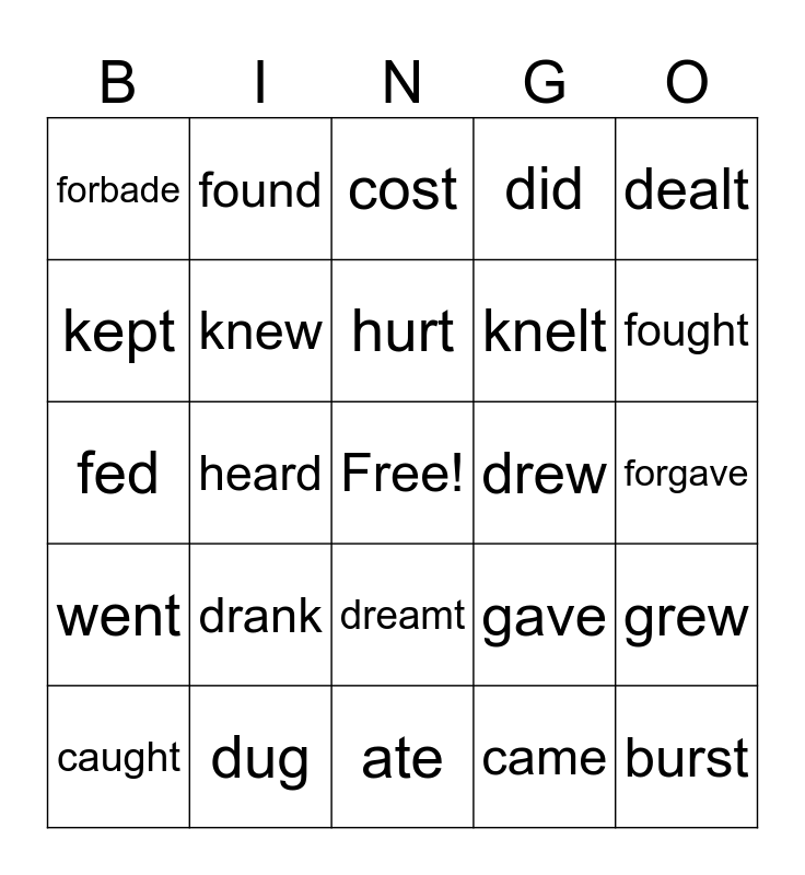 IRREGULAR VERBS BINGO Card