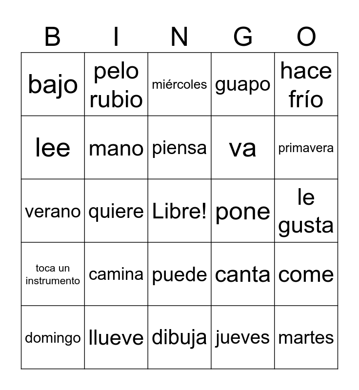 Spanish 1A District Exam Practice Bingo Card