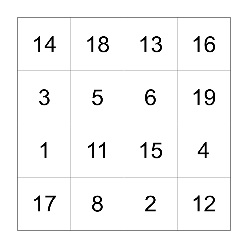 Teen Number Bingo Card