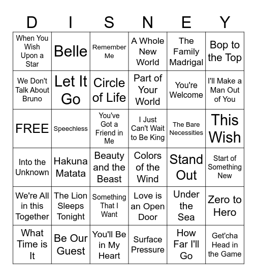 Disney Music Bingo Card