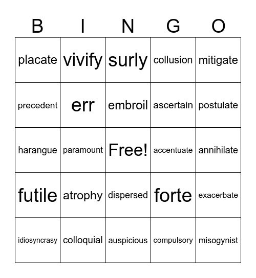 May Vocab Bingo Card