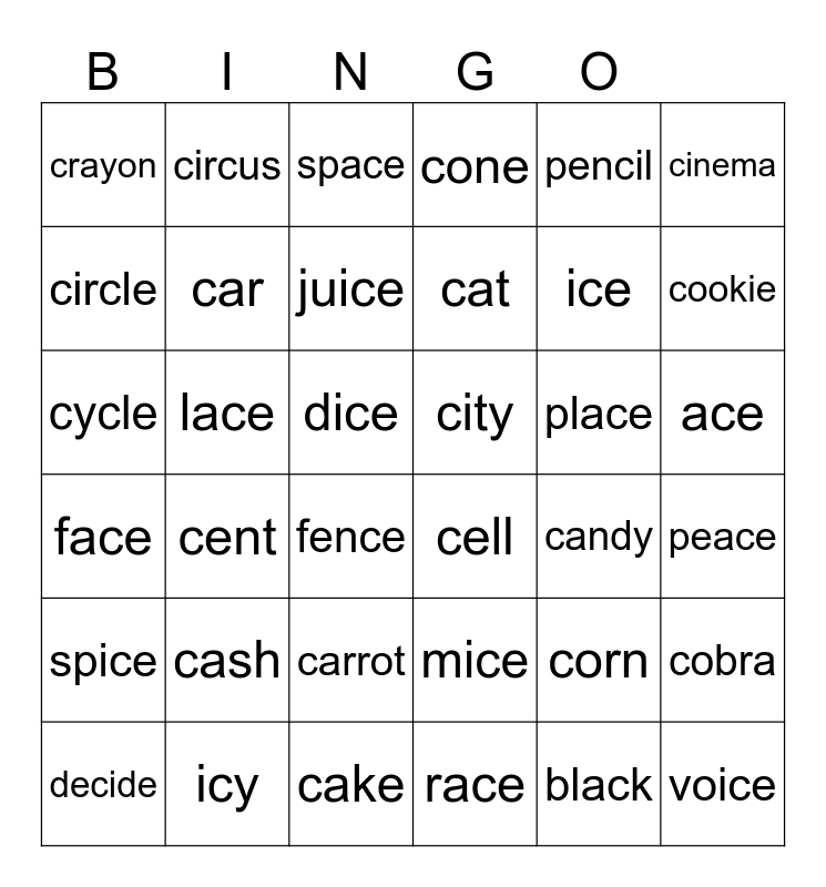 Soft C & Hard C Bingo Card