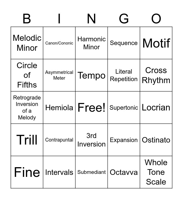 AP Music Theory Bingo Card